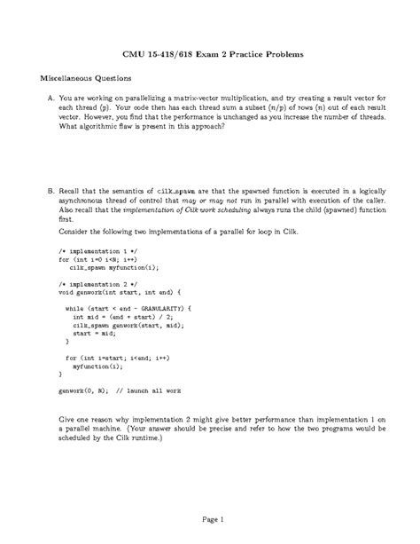 Exam2practice F16 Fall 2016 Cmu 15 418618 Exam 2 Practice Problems