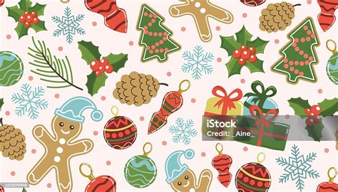 진저 브레드 남자와 홀리 베리 눈송이와 밝은 배경에 선물이있는 크리스마스 패턴 겨울 휴가 이음매 없는 배경은 포장 배경 화면 및 축제 장식에 사용하기에 적합합니다 12월에