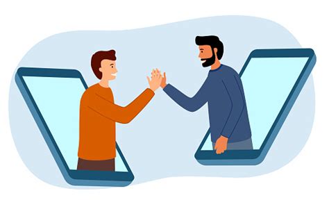 인터넷에서 하이파이브 인사 온라인 친구 커뮤니케이션 개념입니다 휴대폰으로 영상 통화 중에 인사를 하는 캐릭터 흰색 배경에 가상 대화 동료에 대한 스톡 벡터 아트 및 기타