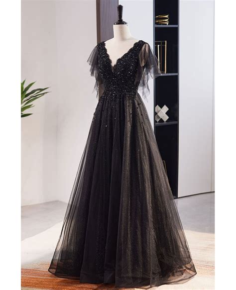 Beaded Black Tulle Vneck Prom Dress With Bling Mx18002
