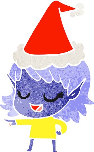 산타 모자를 쓰고 가리키는 엘프 소녀의 행복한 손으로 그린 복고풍 만화 가리키기에 대한 스톡 벡터 아트 및 기타 이미지 가리키기 꼬마 요정 낙서 드로잉 Istock