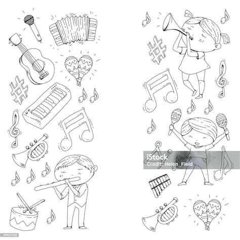 음악 악기 드럼 플 룻 아코디언 트럼펫 피아노 음악 성능 및 학교 연령 어린이 어린이 오케스트라와 음악 뮤지컬 극장 유치원