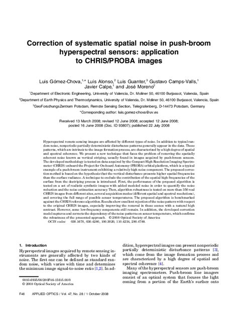 Pdf Correction Of Systematic Spatial Noise In Push Broom Hyperspectral Sensors Application To