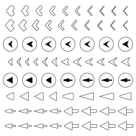 왼쪽을 가리키는 검은색 선으로 만든 다양한 유형의 화살표 프리미엄 벡터
