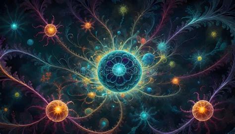 Biologic Forms In Green And Orange Hues Create A Striking Contrast Against The Black Background