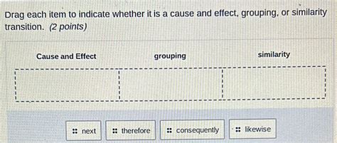 Drag Each Item To Indicate Whether It Is A Cause And Effect Grouping Or Similarity Transition