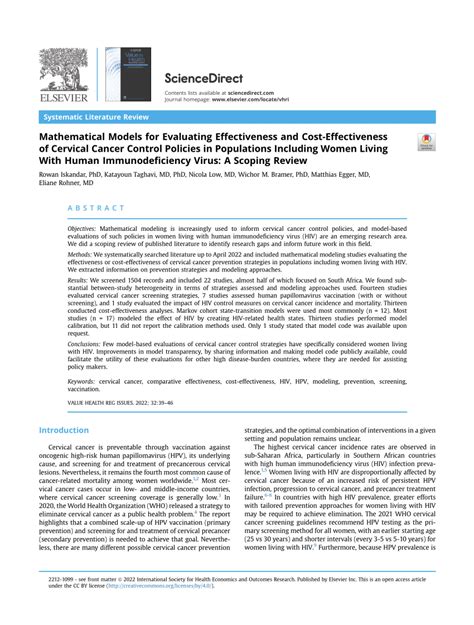 Pdf Mathematical Models For Evaluating Effectiveness And Cost Effectiveness Of Cervical Cancer