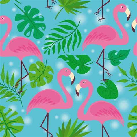 Векторный рисунок с фламинго и пальмовыми листьями на синем фоне Премиум векторы