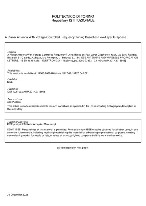 Pdf A Planar Antenna With Voltage Controlled Frequency Tuning Based On Few Layer Graphene