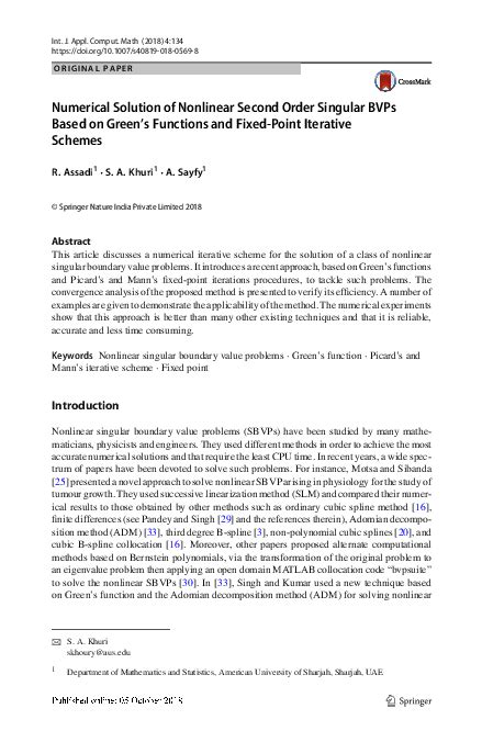Pdf Numerical Solution Of Nonlinear Second Order Singular Bvps Based On Greens Functions And