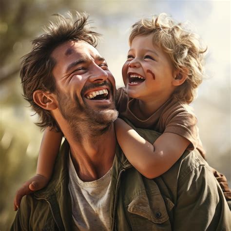 Pai E Menino Abraço Feliz Na Natureza Felicidade Rindo E Amor De