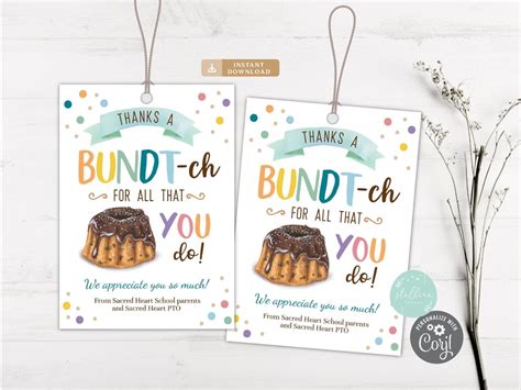 Editable Bundt Cake Appreciation T Tags Staff Teacher Volunteer
