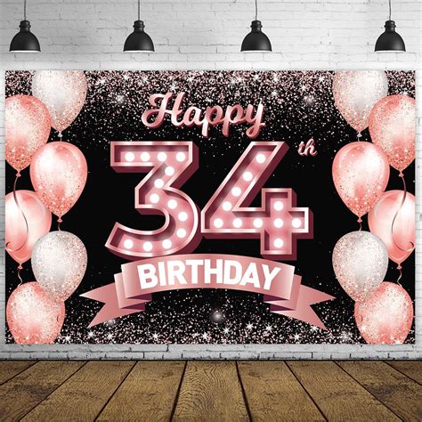 Happy 34th Birthday Rose Gold Banner Backdrop Cheers To 34