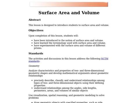 Surface Area And Volume Lesson Plan For 6th 8th Grade Lesson Planet