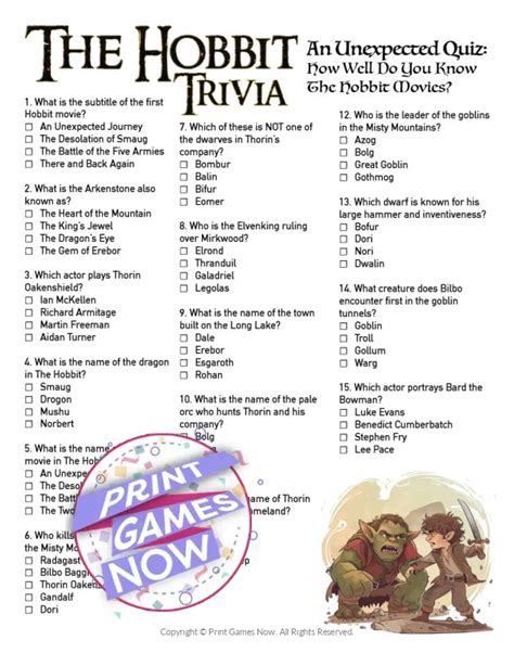 The Hobbit An Unexpected Quiz Printable Trivia Party Game — Print Games Now