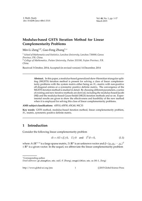 Global Science Press Modulus Based Gsts Iteration Method For Linear