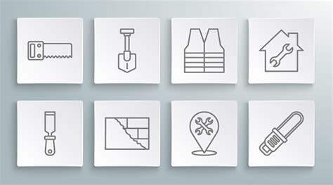 라인 Rasp 금속 파일 삽 벽돌 렌치가 있는 위치 전기톱 안전 조끼 집 수리 및 손 아이콘을 설정합니다 벡터 가리키기에 대한 스톡 벡터 아트 및 기타 이미지 Istock