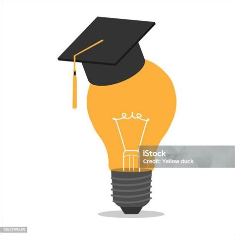 졸업 모자가 있는 전구 학습과 교육의 개념 아이디어 지식 램프 기호 흰색 배경에 격리 플랫 스타일 모던 디자인의 벡터 일러스트레이션 연속성에 대한 스톡 벡터 아트 및 기타
