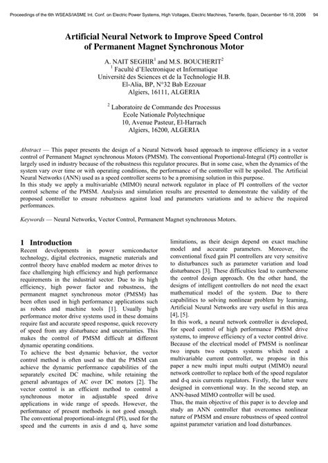 Pdf Artificial Neural Network To Improve Speed Control Of Permanent Magnet Synchronous Motor