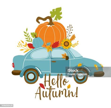 벡터 가을 인사말 카드와 자동차와 호박 떨어지는 나뭇잎과 텍스트 안녕하세요 가을 가을 시즌의 배경 교통 수단과 꽃 요소가 있는 포스터 수확 시간 10월에 대한 스톡 벡터