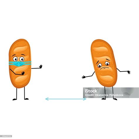 슬픈 감정을 가진 귀여운 빵 캐릭터의 덩어리 얼굴과 마스크는 거리 팔과 다리를 유지합니다 베이킹 사람 조심스럽게 표현 된 수제 패스트리 벡터 플랫 일러스트 레이 션 가공의