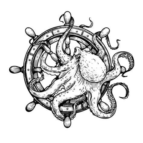 Octopus On Helm Wheel Sketch Hand Drawn Style Retro Vintage Sea Monster Drawing Best Marine