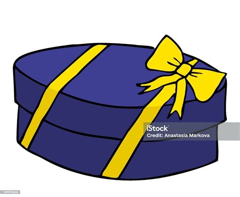 타원형 보라색 선물 상자 노란 리본으로 묶인 리본이 뚜껑 위에 활을 휘두더러 세워졌습니다 어두운 윤곽선이 있는 격리된 오브젝트입니다 거친에 대한 스톡 벡터 아트 및 기타