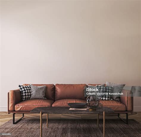가죽 소파 대형 램프 인테리어가 있는 로프트의 가벼운 거실 인테리어 흰 벽 모형 배경입니다 3d 렌더링 고품질 3d 그림 갈색에 대한 스톡 사진 및 기타 이미지 Istock
