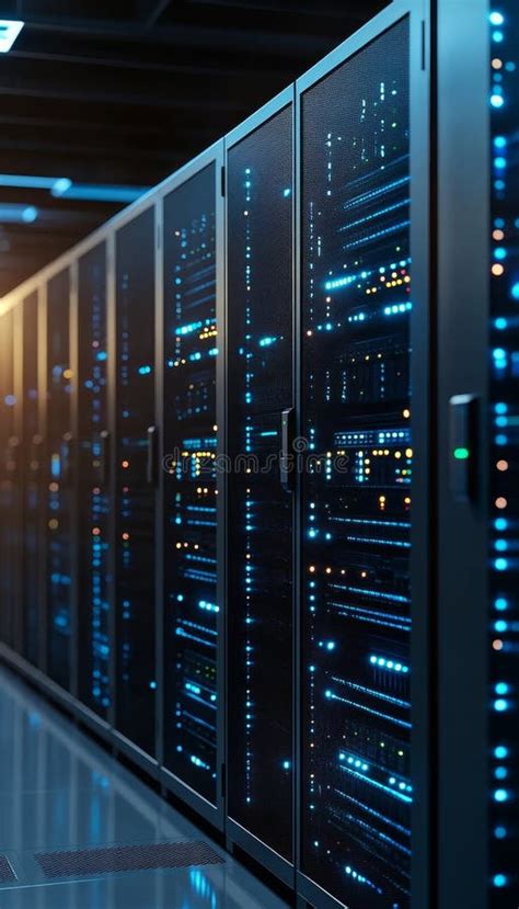 Modern Data Center With Rows Of Server Racks And Network Equipment Illuminated By Blue Led