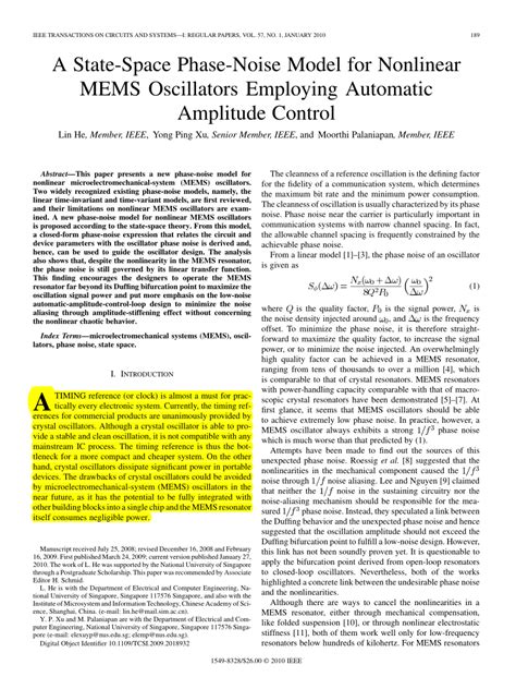 Pdf A State Space Phase Noise Model For Nonlinear Mems Oscillators