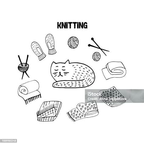 귀여운 낙서 세트와 스칸디 고양이 장갑 양모 뜨개질 손으로 그린 벡터 그림입니다 인사말 카드 포스터 스티커 및 계절 디자인에 대한 겨울 요소 0명에 대한 스톡 사진 및 기타
