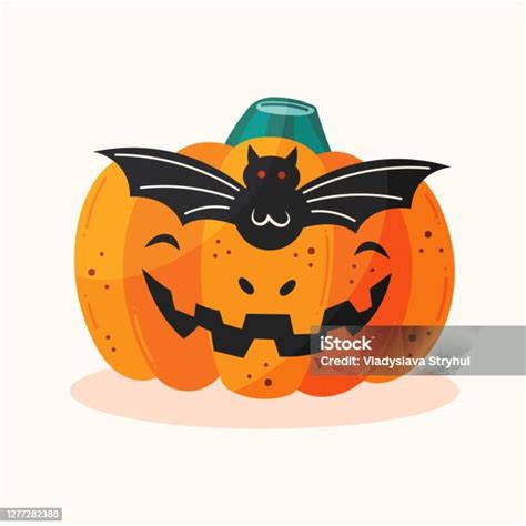 웃는 얼굴과 박쥐와 으스스한 오렌지 호박 할로윈 일러스트레이션 벡터 플랫 컬러풀 한 디자인 어린이를위한 예술 10월에 대한 스톡 벡터 아트 및 기타 이미지 Istock