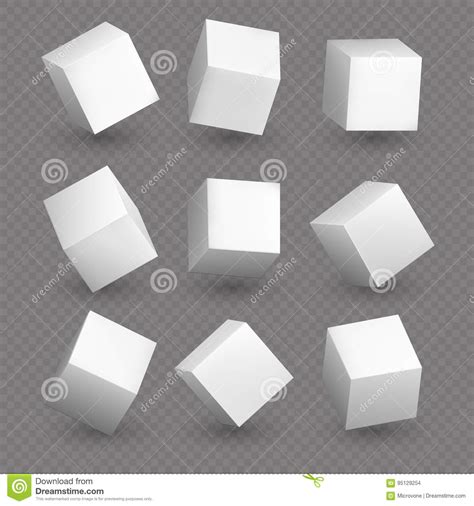 Cube 3d Models In Perspective Realistic White Blank Cubes With Shadows Stock Vector