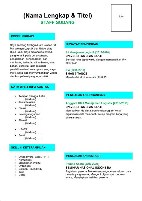 Contoh Curriculum Vitae CV Staff Gudang Warehouse Staff Untuk Fresh Graduate Tanpakoma