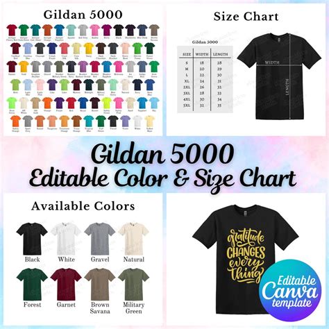 Gildan 5000 Size Chart And Color Chart Editable Canva Template G500