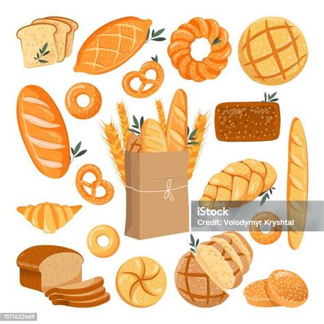 갓 구운 곡물 빵 세트 벡터 플랫 만화 일러스트레이션입니다 흰색 배경에 고립 된 베이커리 디자인 요소 음식에 대한 스톡 벡터 아트 및 기타 이미지 Istock
