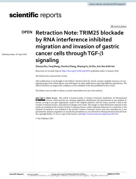 Pdf Retraction Note Trim25 Blockade By Rna Interference Inhibited Migration And Invasion Of