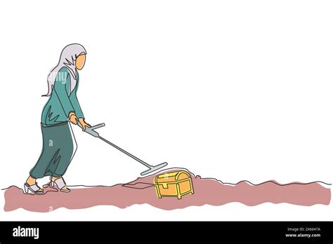 Continuous One Line Drawing Arab Businesswoman With Metal Detector Looking For Treasure Chest