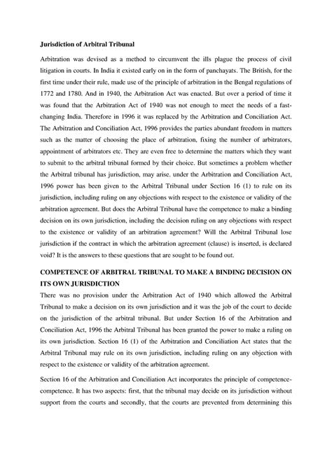Jurisdiction Of Arbitral Tribunal Jurisdiction Of Arbitral Tribunal Arbitration Was Devised As