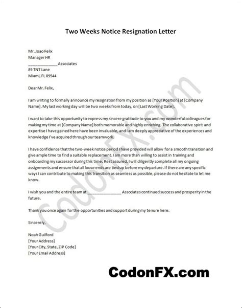 Two Weeks Notice Resignation Letter Template With Sample
