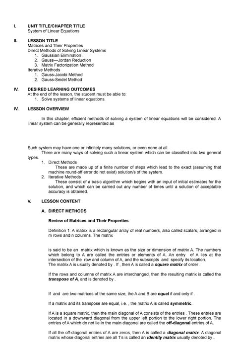 Direct Methods Of Solving Linear Systems I Unit Titlechapter Title