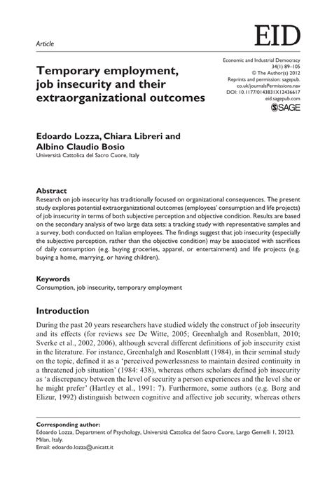 Pdf Temporary Employment Job Insecurity And Their