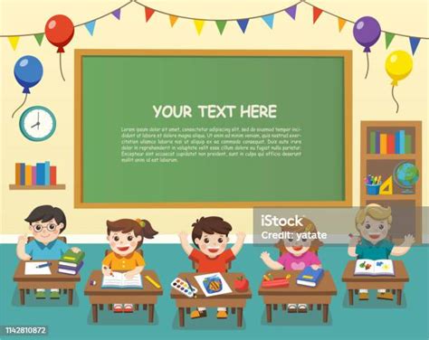다시 학교로 교실에서 공부 하는 행복 한 학생 들의 그림 아이 교실 광고 브로셔 용 템플릿 교육에 대한 스톡 벡터 아트 및 기타 이미지 Istock