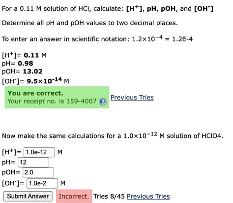 Solved For A 0 11m Solution Of Hcl Calculate [h ] Ph Poh