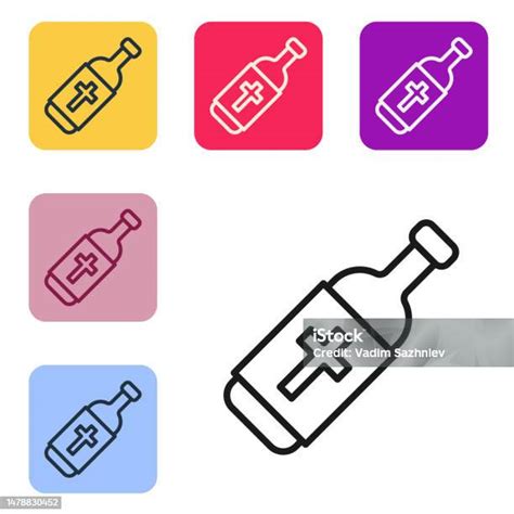 흰색 배경에 격리된 검은색 선 성수병 아이콘 마법의 액체가 든 유리 플라스크 색상 사각형 버튼으로 아이콘을 설정합니다 벡터 0