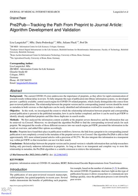 Pdf Pre2pub An Algorithm For Tracking The Path From Preprint To Journal