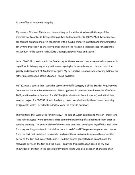Siddhant Mehta Report To The O昀케ce Of Academic Integrity My Name
