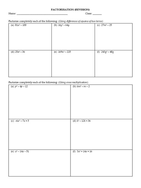 Factorisation Revision Pdf