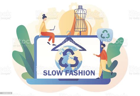 느린 패션 컨셉 지속 가능한 패션 지구 행성 옷걸이와 마네킹 윤리적 인 직물 재사용 감소 재활용 친환경 제조 현대 플랫 만화 스타일 벡터 일러스트레이션 지속 가능한 패션에