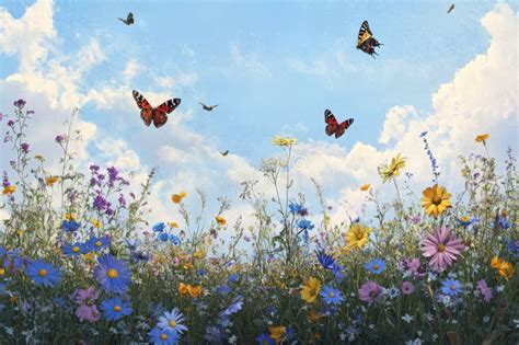 A Field Of Wildflowers Swaying Gently In A Breeze Beneath A Bright Clear Blue Sky Butterflies